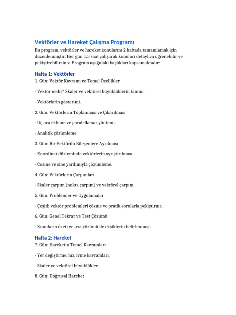 Vektorler Ve Hareket Calisma Programi | PDF