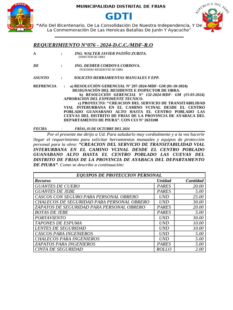 N°076 Requerimiento de Epp y Herramientas | PDF | Herramientas