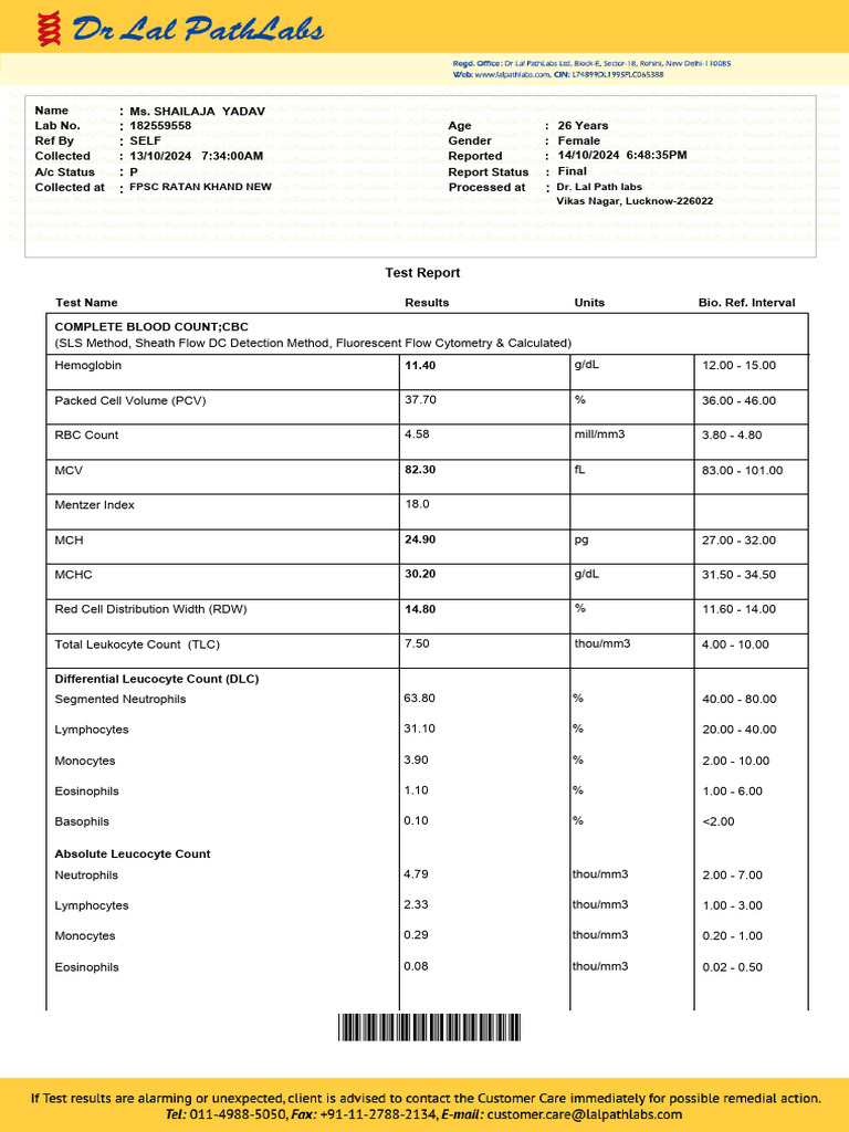 Blood Test Report for Ms. Shailaja Yadav | PDF | White Blood Cell | Blood