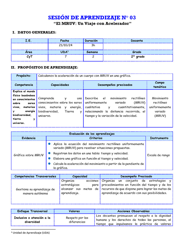 SESIÓN 3 - El MRUV Un Viaje Con Acelerador - CYT - 2° | PDF | Velocidad | Aceleración