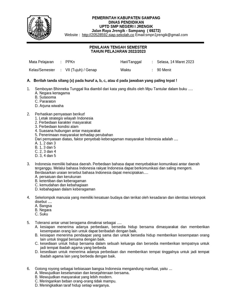 Soal PTS - PAT PPKN 7 - 8 TP 2022 - 2023 | PDF | Ilmu Sosial