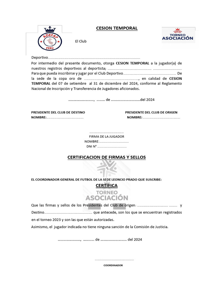 Cesion Temporal Copa Oro | PDF