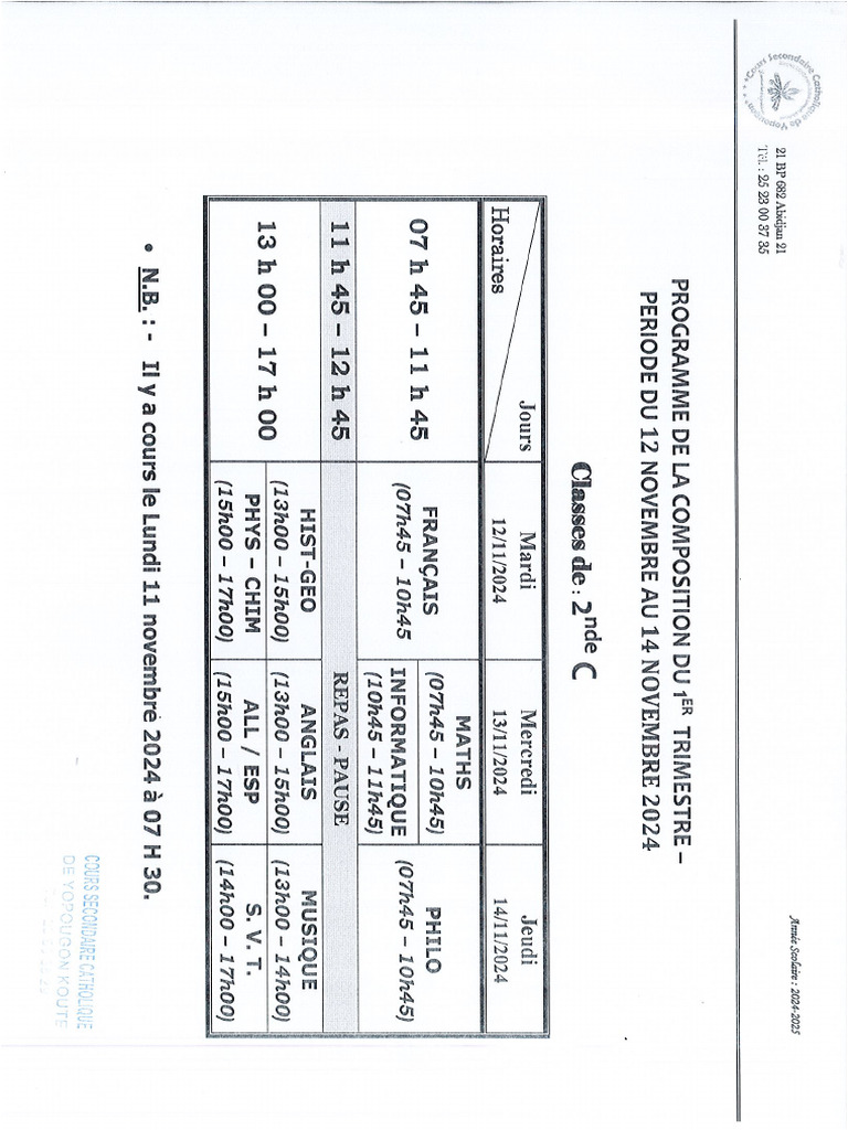 CALENDRIER DE LA COMPOSITION TRIMESTRIELLE DE LA CLASSE DE 2NDE C - 1er TRIM 2024-2025 | PDF