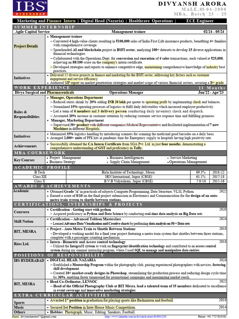 Divyansh Arora Ibs Resume - FJ Comments | PDF | Business