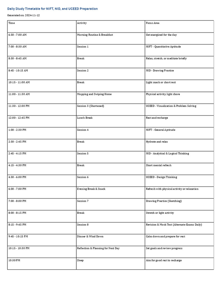 Study Timetable NIFT NID UCEED - Docx 20241112 100033 0000 | PDF