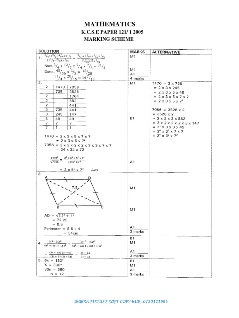 K.C.S.E Mathematics Marking Schemes | PDF | Area | Geometry