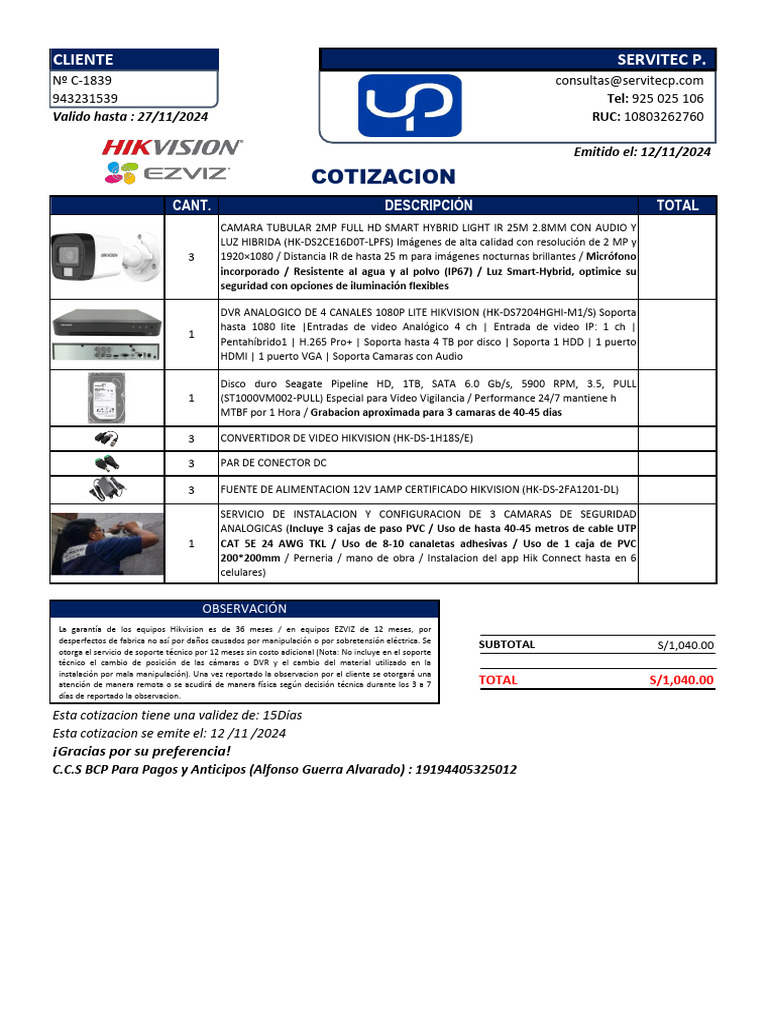 Cotizacion: Cliente Servitec P Servitec P | PDF | Tecnología digital | Tecnología de cine y video