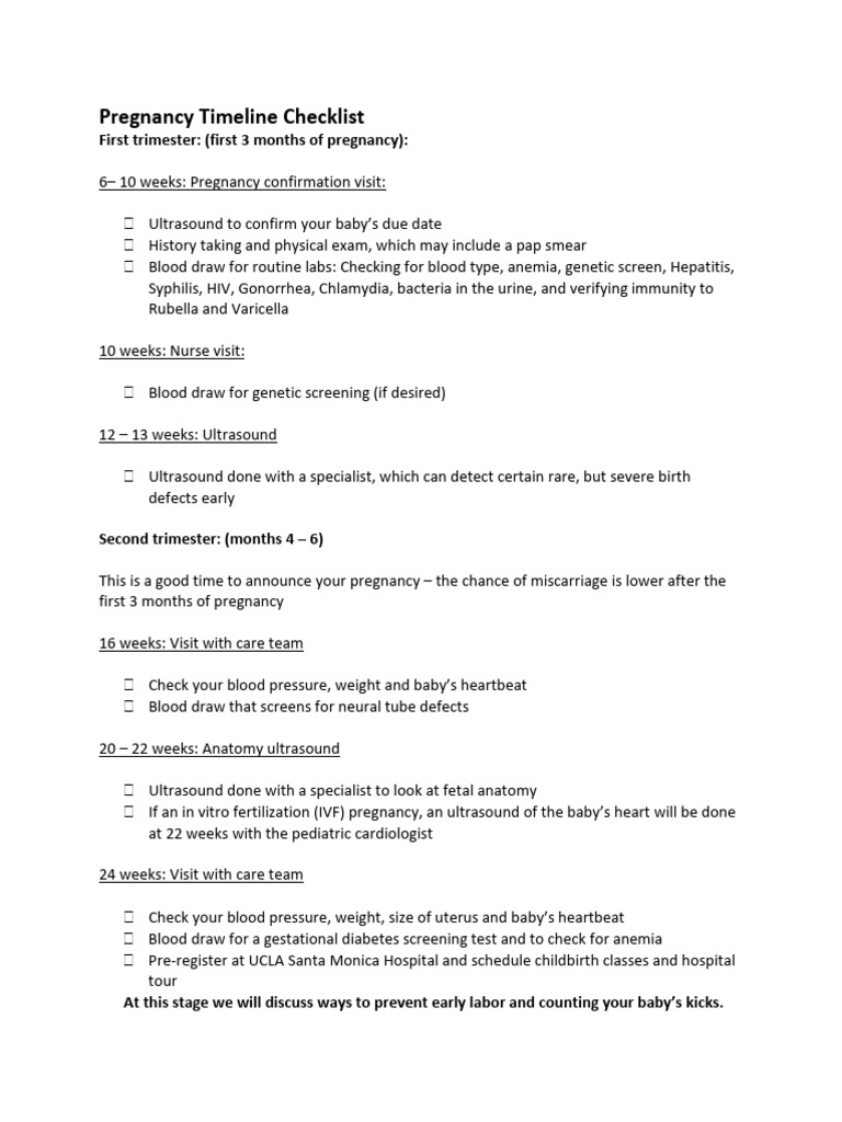 Pregnancy Timeline Checklist | PDF | Pregnancy | Childbirth