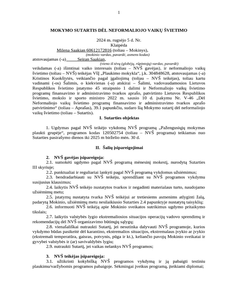Mokymo Sutarties Forma V - X Lygis-1 | PDF