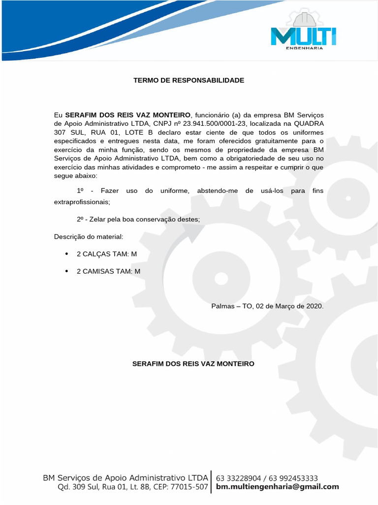 Termo De Responsabilidade De Uniforme Pdf