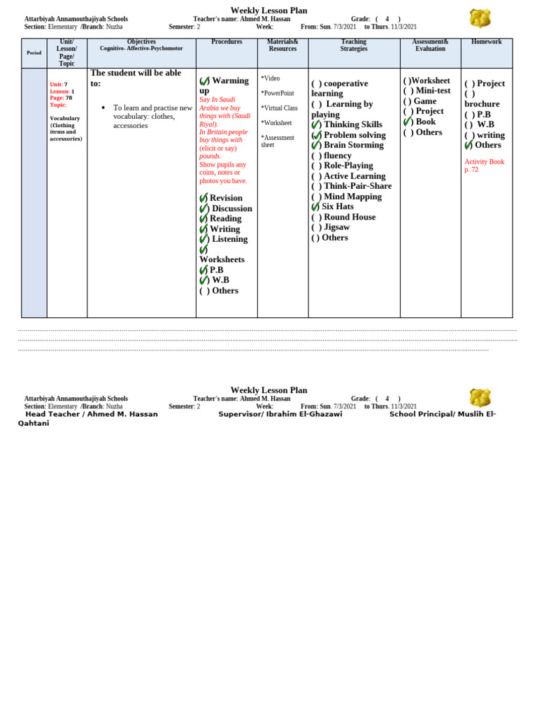 Unit 7 Lesson 1 Lesson Plan | PDF | Lesson Plan | Cognitive Psychology