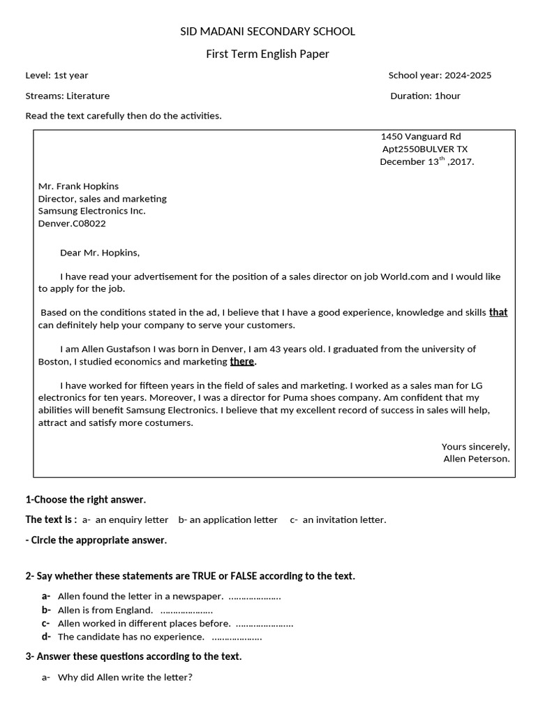First Year English Application Letter Exam | PDF