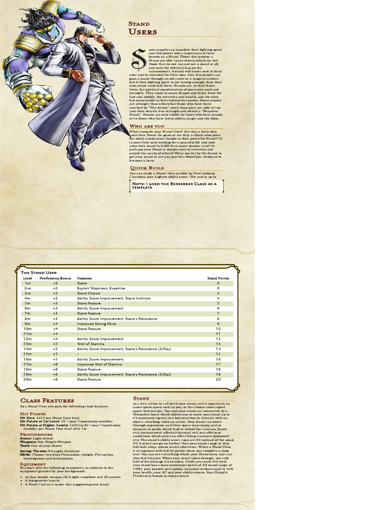 Stand User Class For D&D - The Homebrewery | PDF