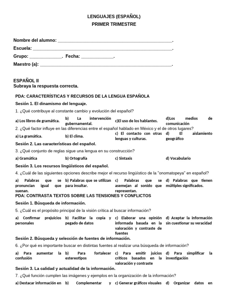 Examen de Lenguajes (Español) Primer Trimestre | PDF | Lengua española | Información