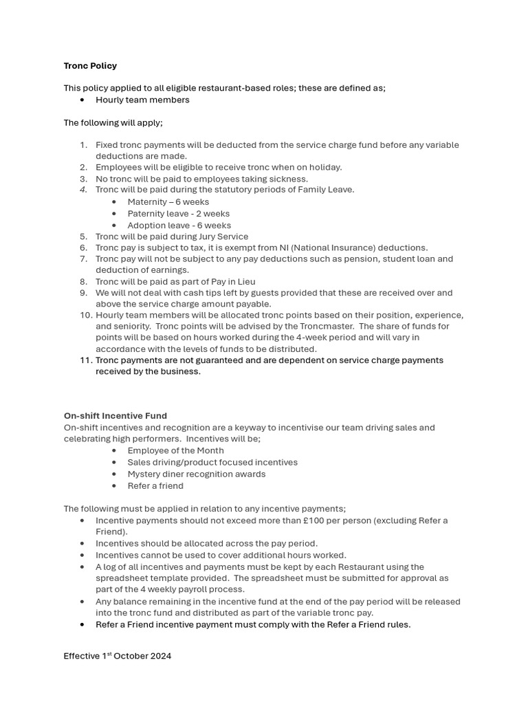 Tronc Policy - Points Based Tronc | PDF | Gratuity | Public Finance