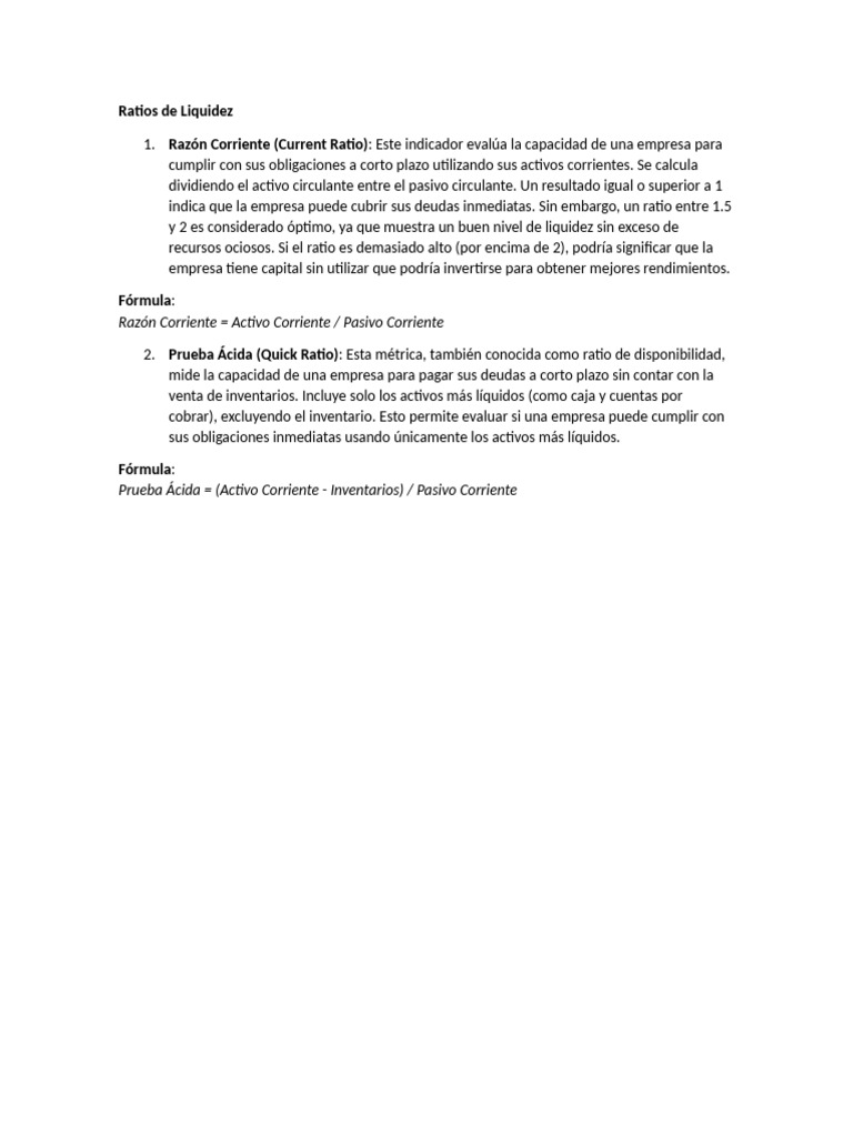 Ratios de Liquidez Razón Corriente (Current Ratio) | PDF
