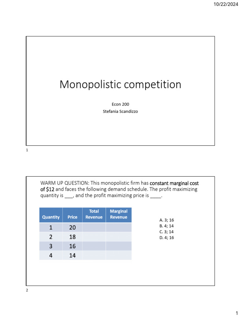 Monopolistic Competition Lecture Notes | PDF | Monopoly | Profit ...