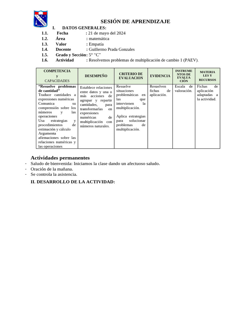 Mat. 21-05 Resolv Prob Multiplicación de Cambio 1 (PAEV) | PDF | Multiplicación | Matemáticas