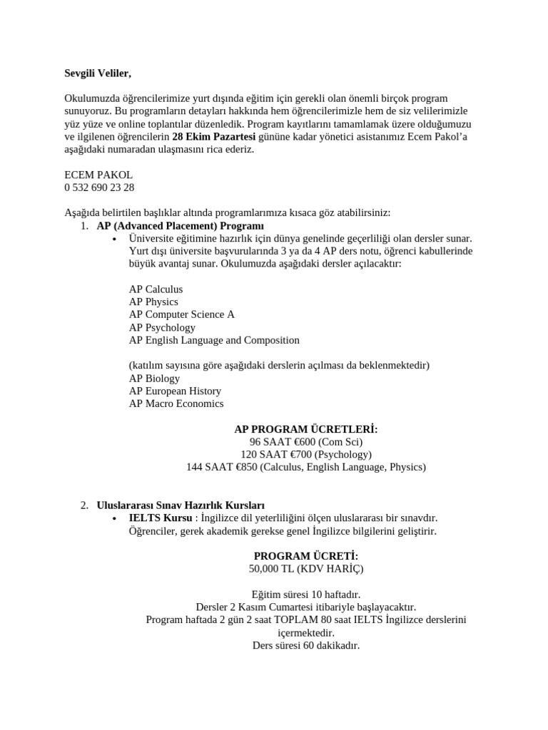 Uluslararası Programlar Veli Bilgilendirme | PDF