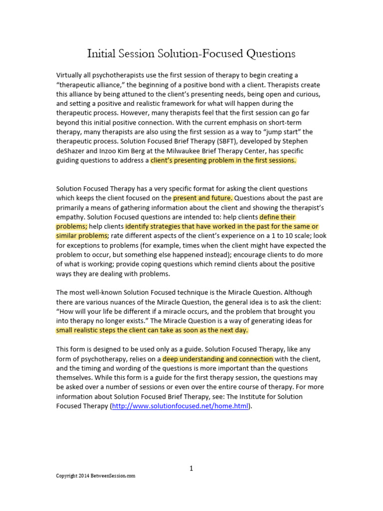 Initial Session Solution Focused Questions | PDF | Psychotherapy ...