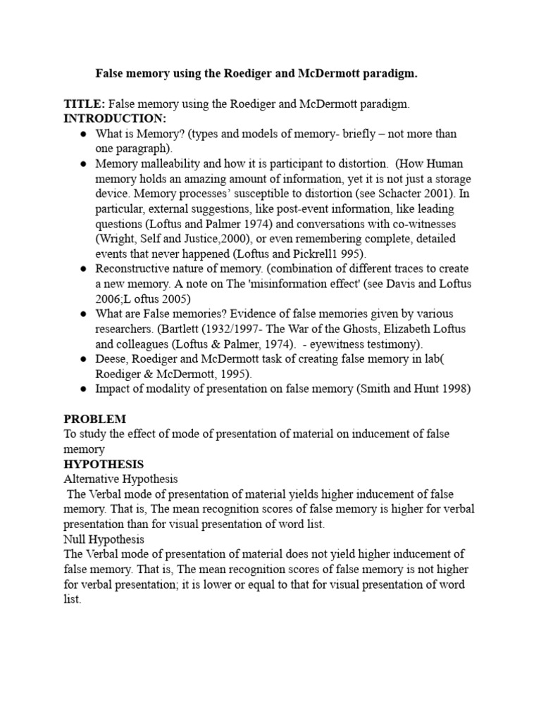 Experiment -02 Semester v False Memory Experiment | PDF | Memory ...