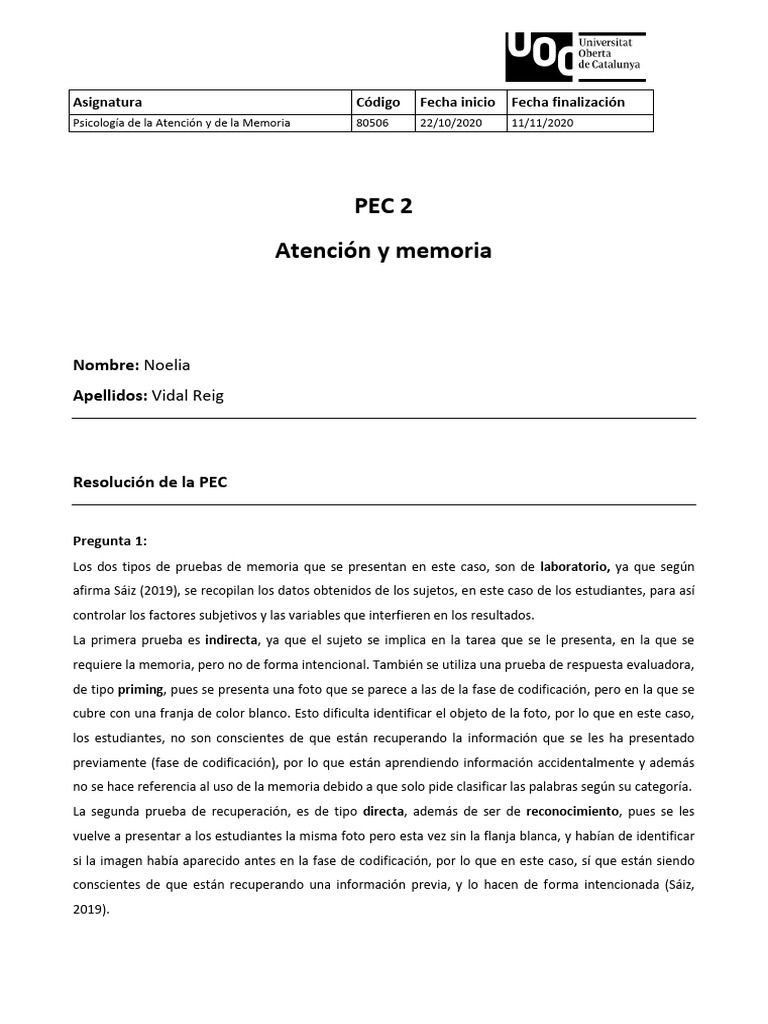 PEC2 - Plantilla de Respuestas | PDF | Atención | Memoria
