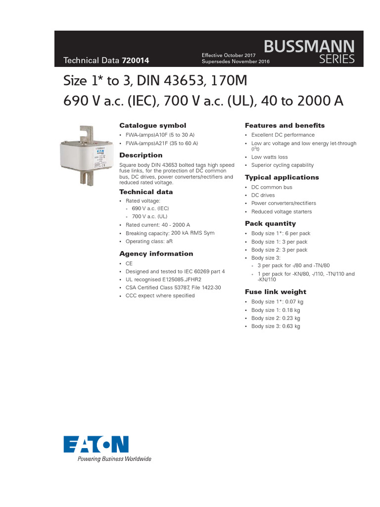 Eaton Bussmann Series 40 2000a 170m High Speed Fuses Datasheet 720014 en GB | PDF | Fuse ...
