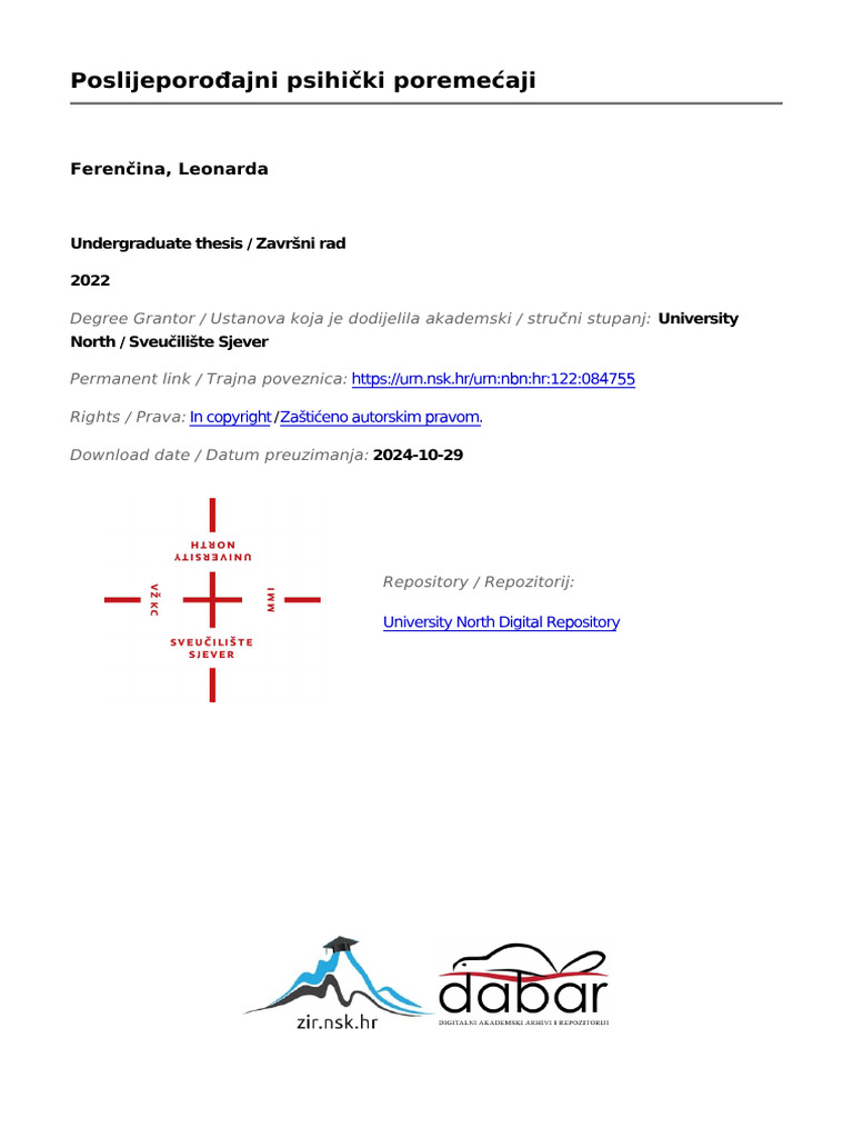 Poslijeporodajni Psihicki Poremecaji Ferencina | PDF