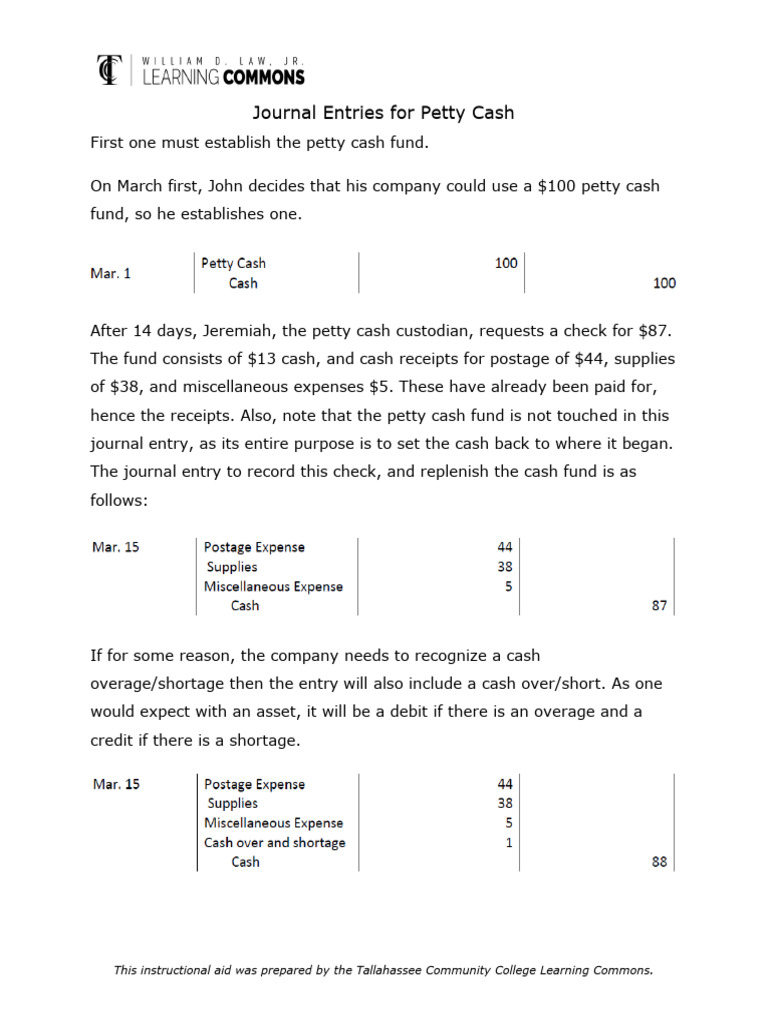 Petty Cash Fund Journal Entries Guide | PDF