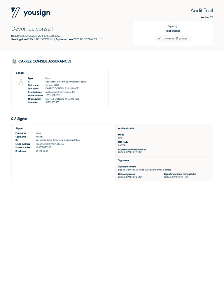 Yousign - Audit Trail For Kopp Michel | PDF | Internet | Espionage Techniques
