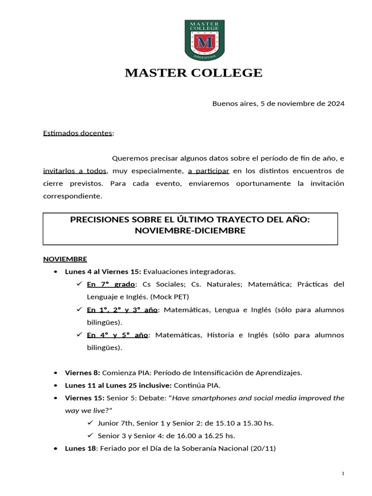 Actividades Fin de Año en Master College | PDF | Evaluación