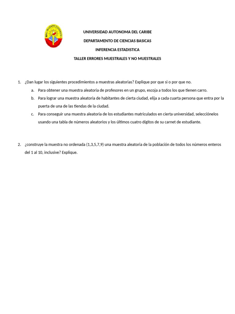 Taller Error Muestral y No Muestral | PDF