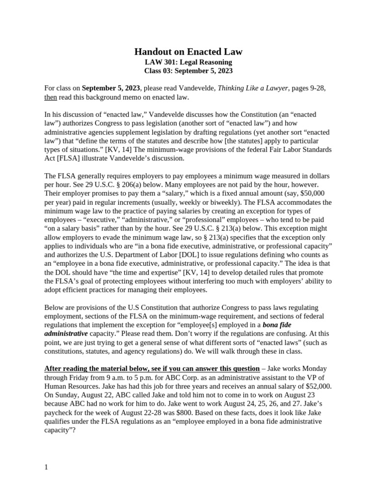 C3, 23 Fall Legal Reasoning Handout Enacted Law | PDF | Salary | Employment