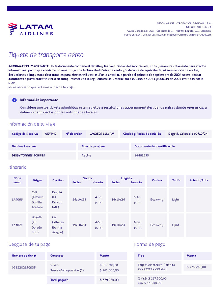 Factura Electrónica LATAM 2024 | PDF | aerolíneas | Aviación