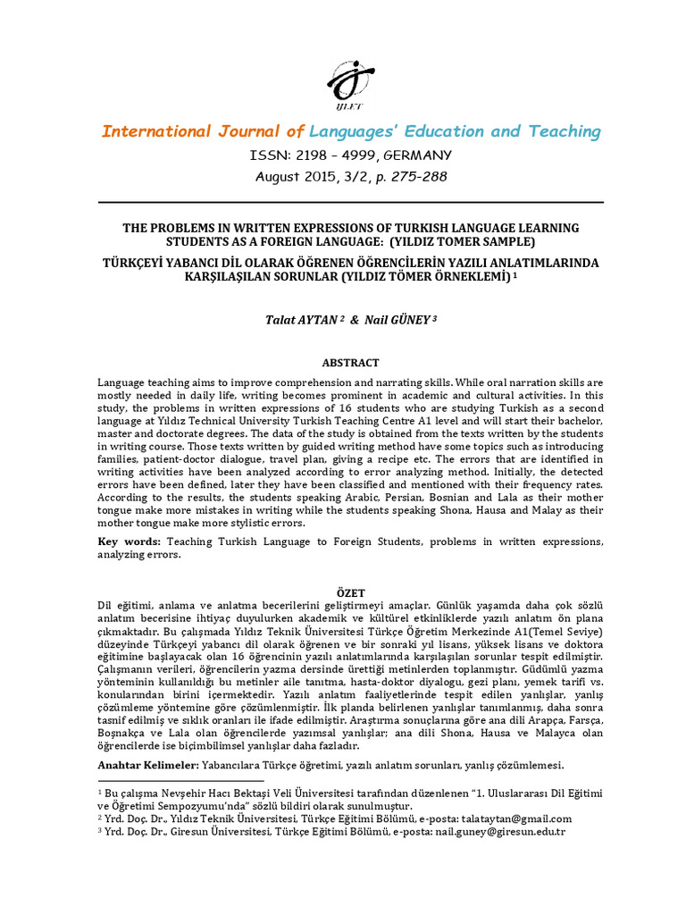 T RK Ey Yabanci D L Olarak Renen Renc Ler N Yazili Anlatimlarinda Kar Ila Ilan Sorunlar (Yildiz ...