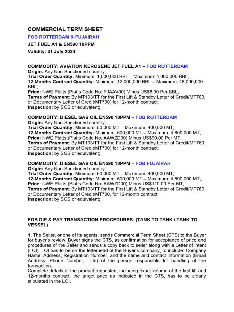 SOP Term Sheet | PDF | Diesel Fuel