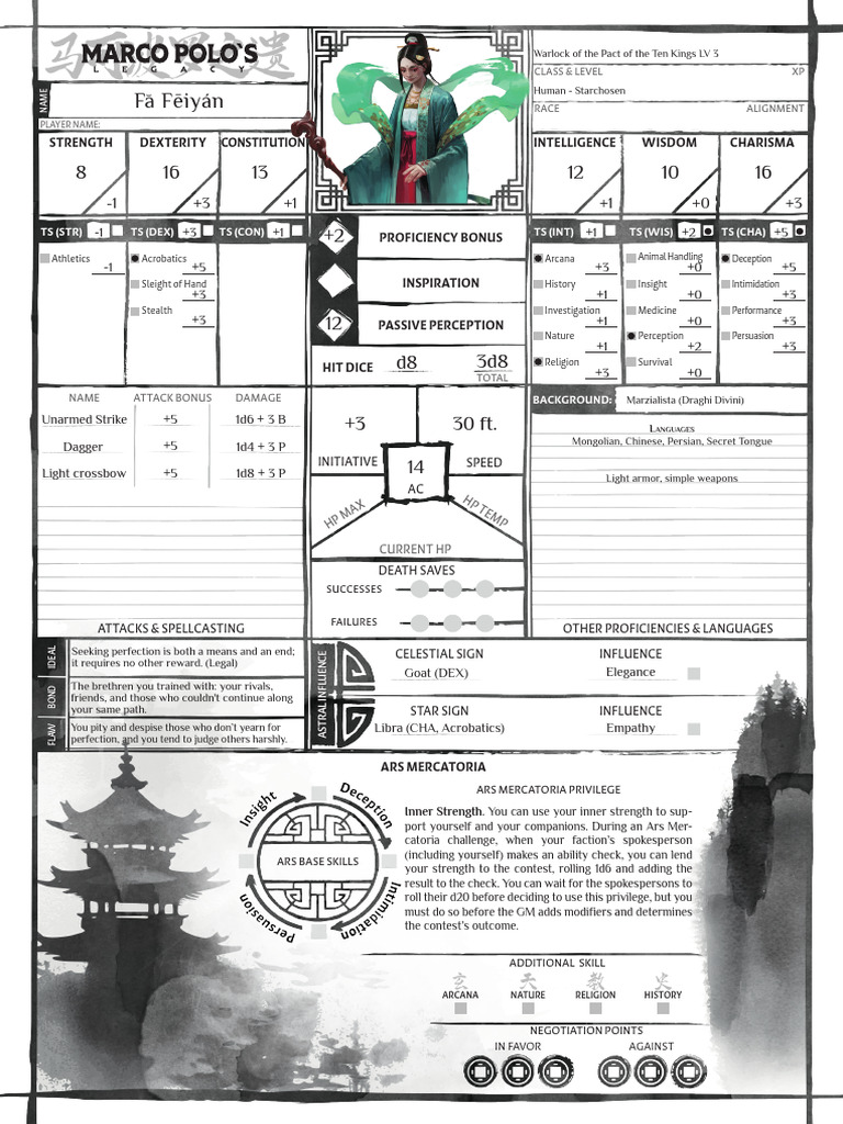 Marco Polos Legacy - Warlock - Fa Feiyan - Character Sheet ENG | PDF ...
