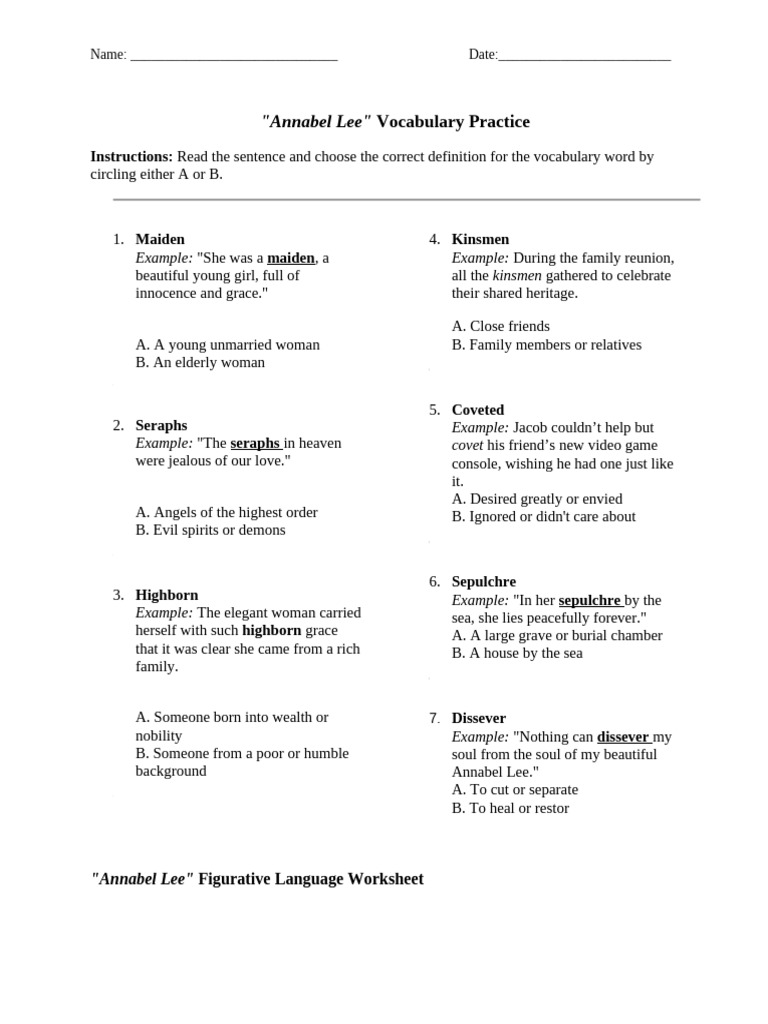 Annabel Lee - Vocabulary Worksheet | PDF | General Fiction