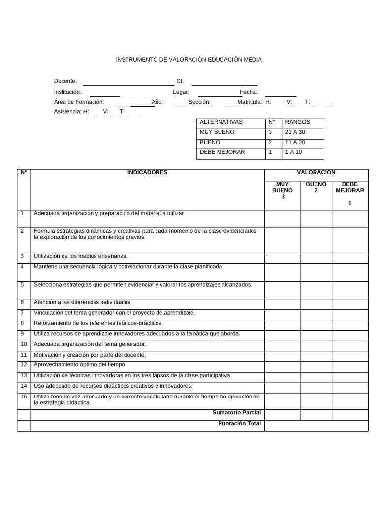 Instrumento de Valoracion Educación Media | PDF | Maestros | Enseñando