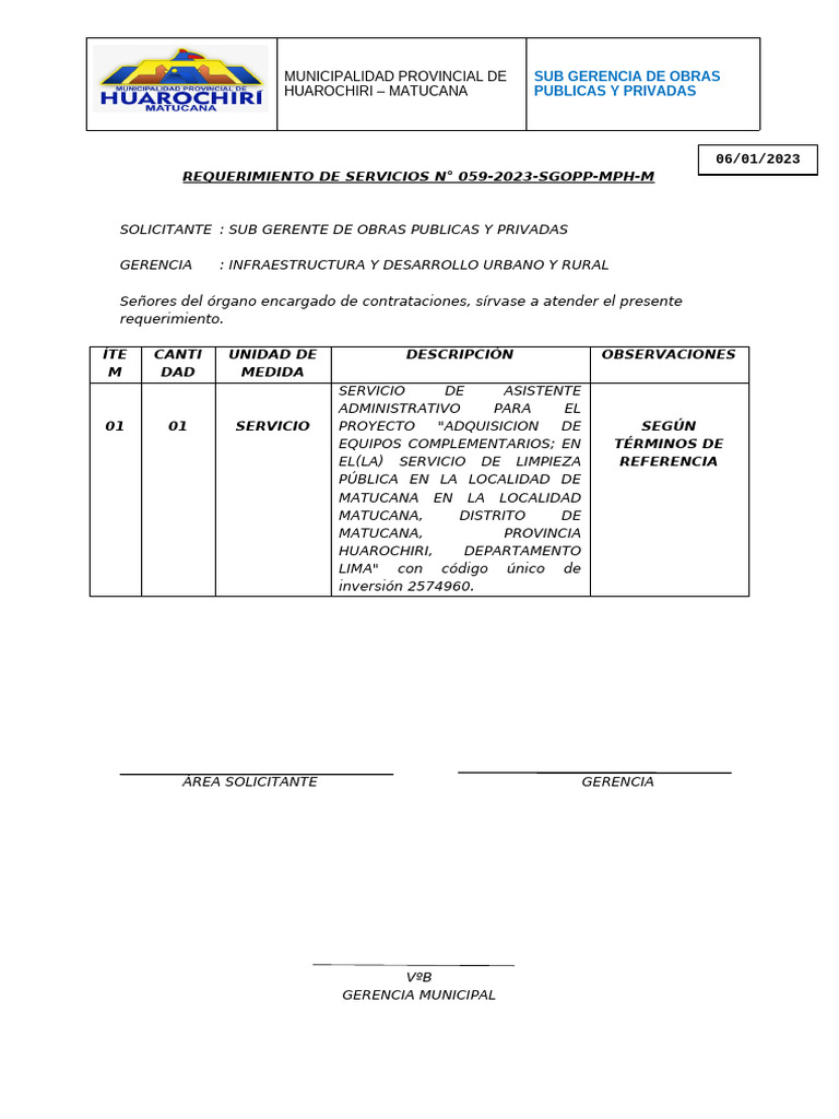 Requerimiento N 059-2023 Asistente Administrativo | PDF | Economias