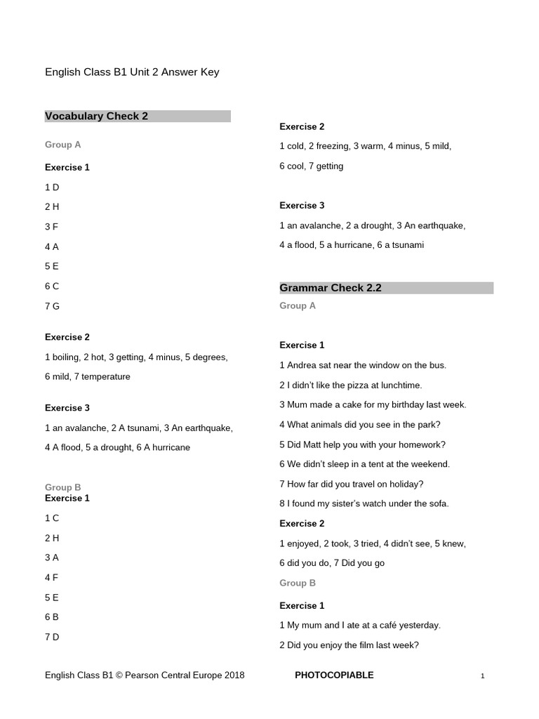 B1 Unit 2 Answer Key Overview | PDF