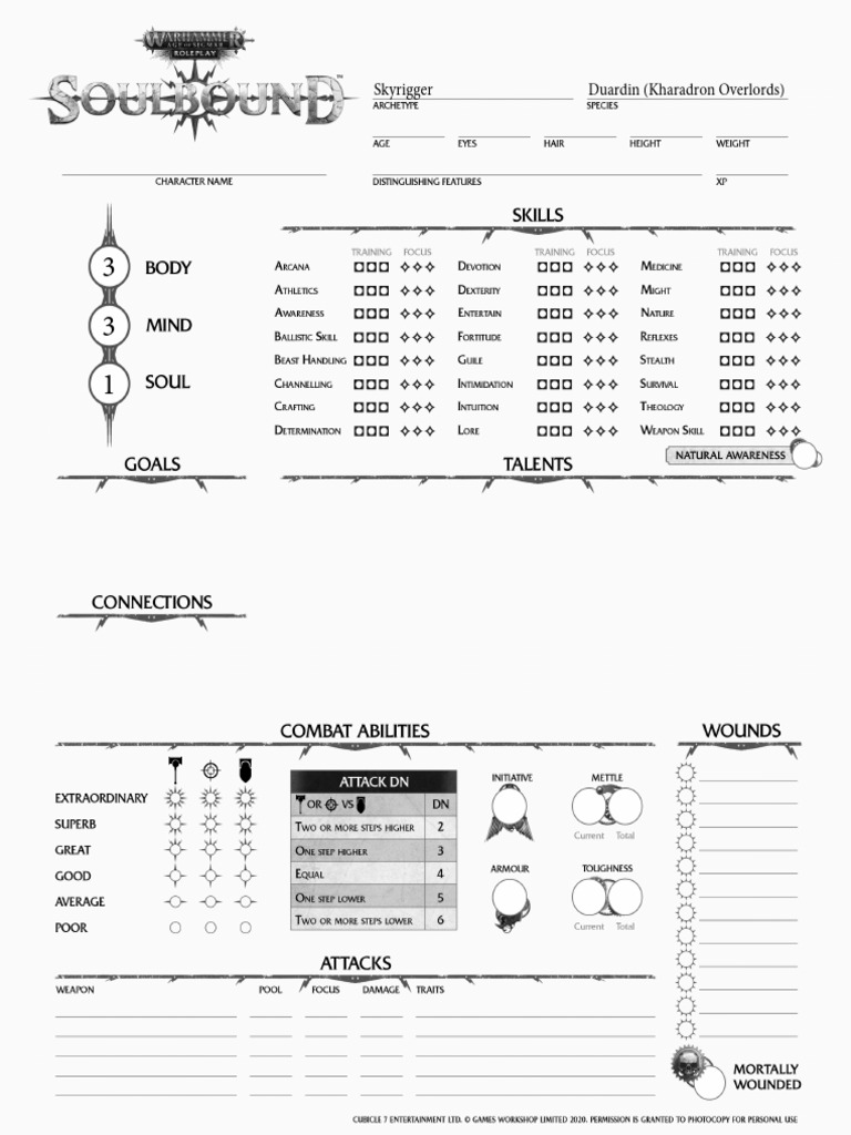 AoS Soulbound - Character Sheet - Fillable - Printer Friendly | PDF
