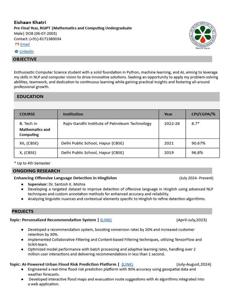 Eishaan Khatri - Resume | PDF | Information Science | Artificial Intelligence