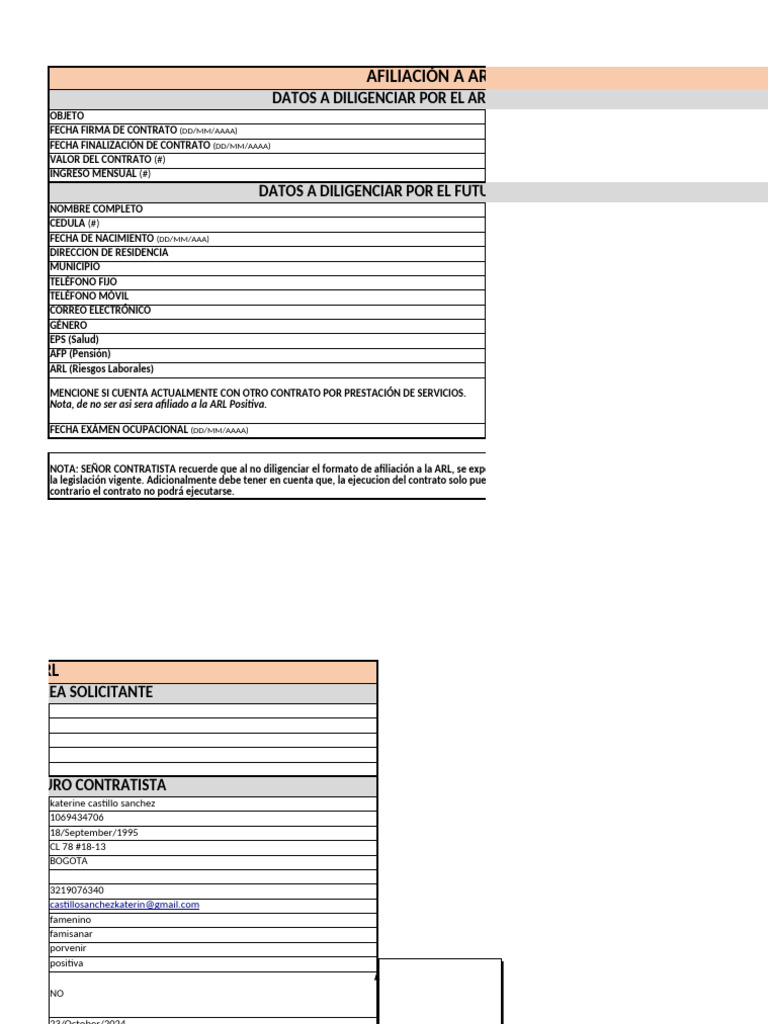 Formato Afiliacion Arl | PDF