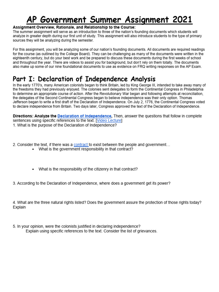 AP Government Summer Assignment | PDF | United States Declaration Of ...