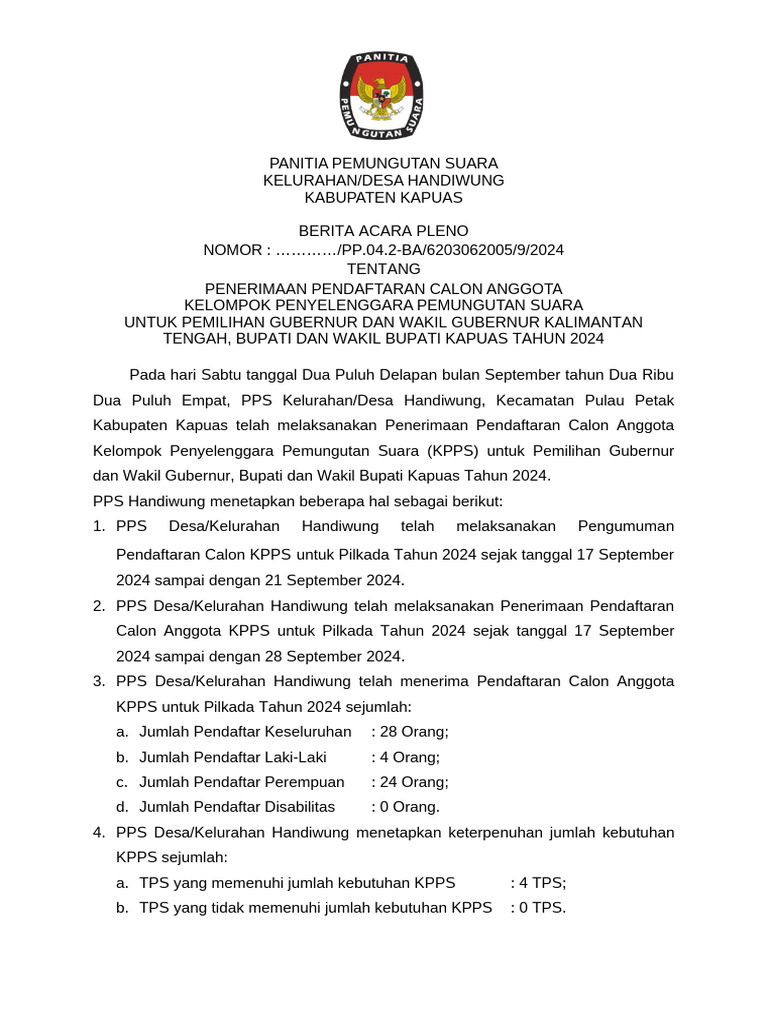 Ba Pleno Pps Penerimaan Pendaftaran Kpps Handiwung | PDF