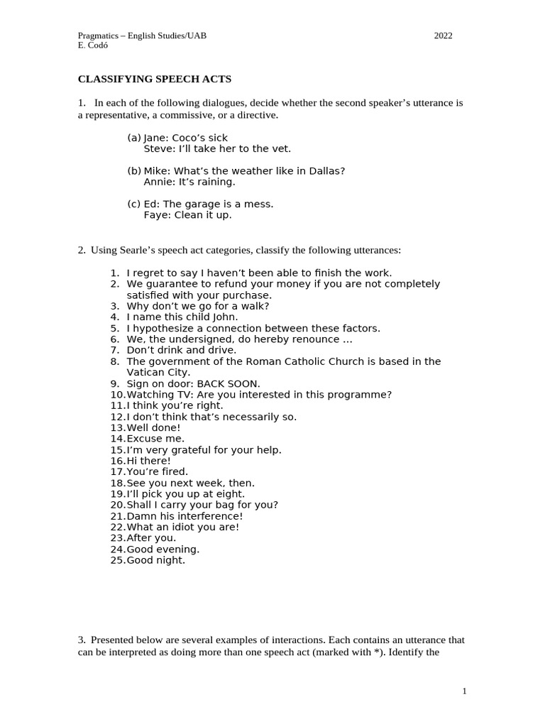 SAT - Handout - 2 - Classifying Speech Acts | PDF | Human Communication ...