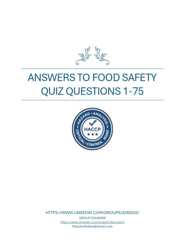 Food Safety Quiz Answers 1-75 | PDF | Foodborne Illness | Sterilization ...