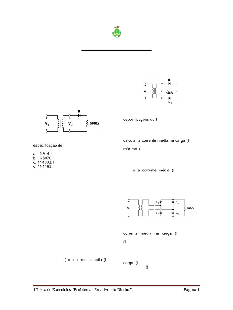 001problemas Envolvendo Diodos. 1 | PDF | Retificador | Rede elétrica