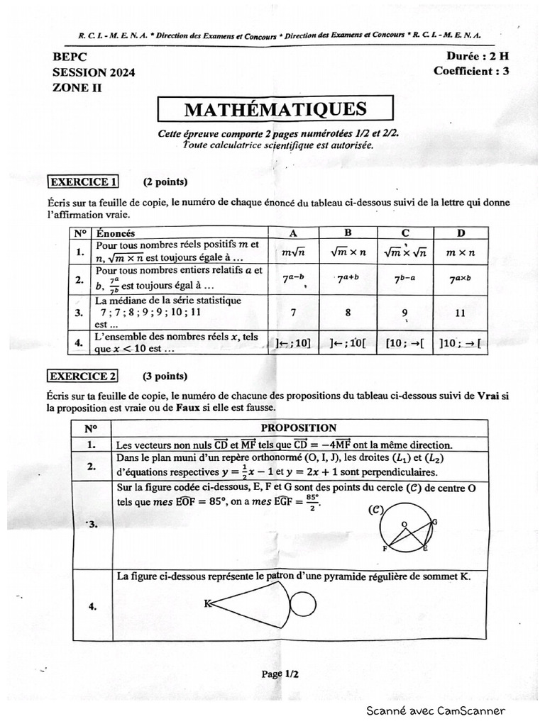 MATHS BEPC 2024 ZONE I, II Et III | PDF